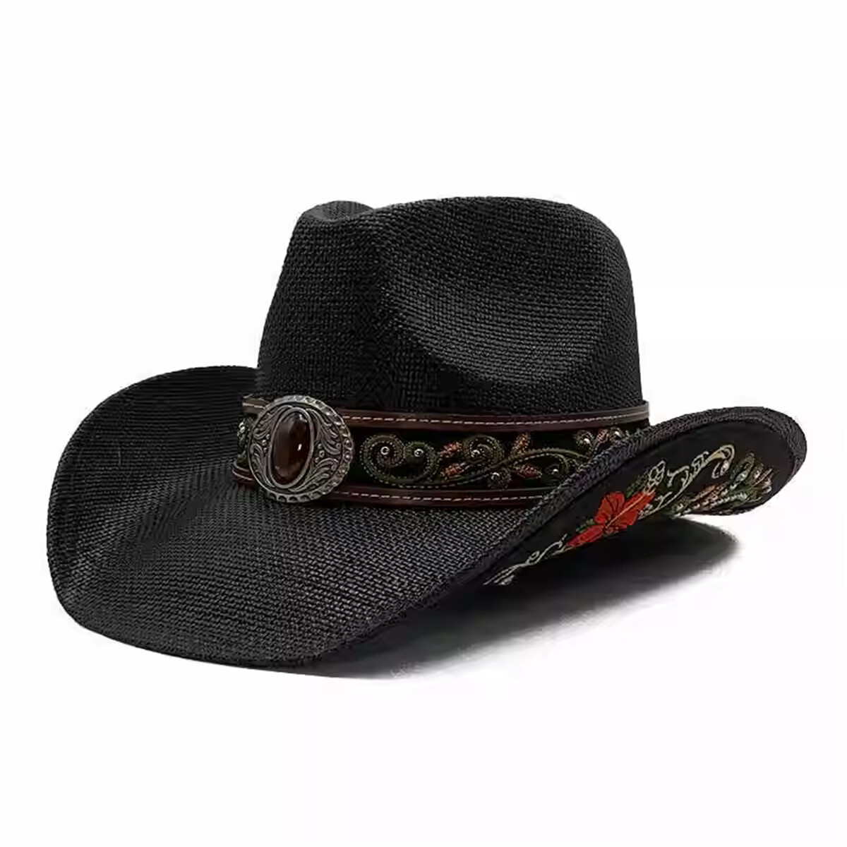 Men Women Embroidered Ethnic Style Straw Cowboy Cowgirl Wide Wild ...