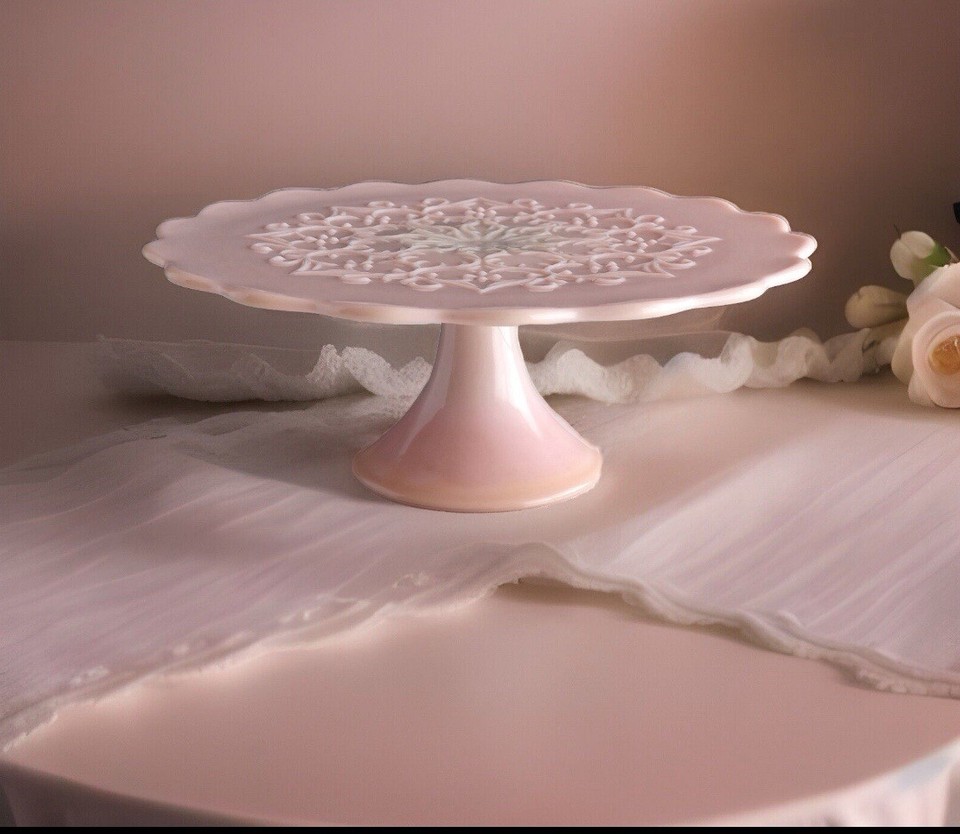 STUNNING 1950’s Lg. FENTON PINK MILK GLASS PEDESTAL CAKE PLATE! SPANISH ...