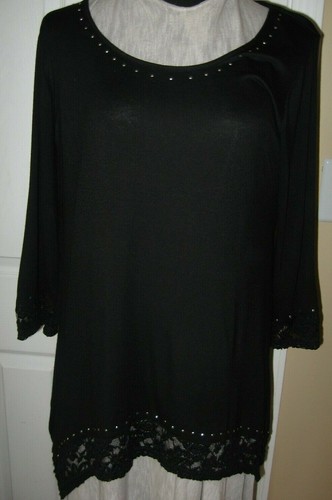 Belldini, Tunic Top,Black Knit w Silver Stud,Crochet Lace Hem Trim 3/4 ...