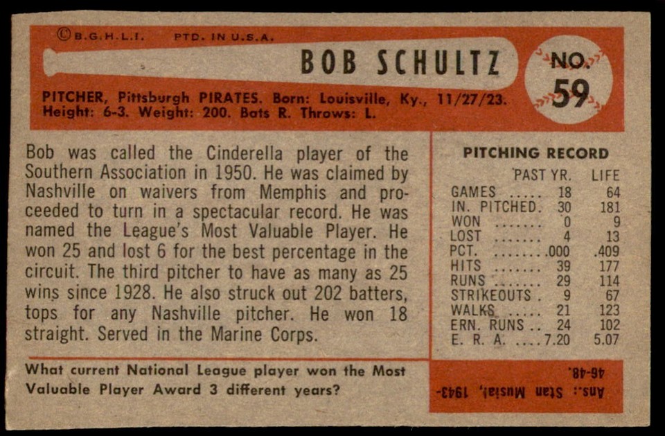 1954 Bowman #59 BOB SCHULTZ Pittsburgh Pirates NM | eBay