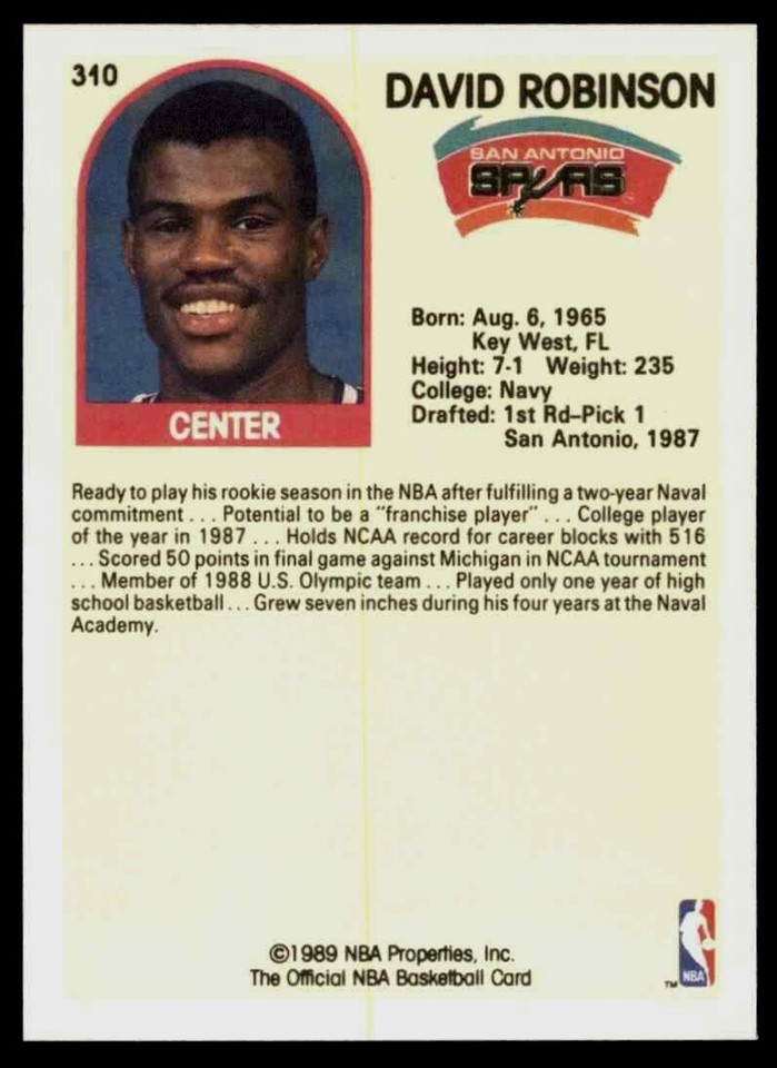 1989-90 Hoops DAVID ROBINSON RC #310 mint from pack | eBay