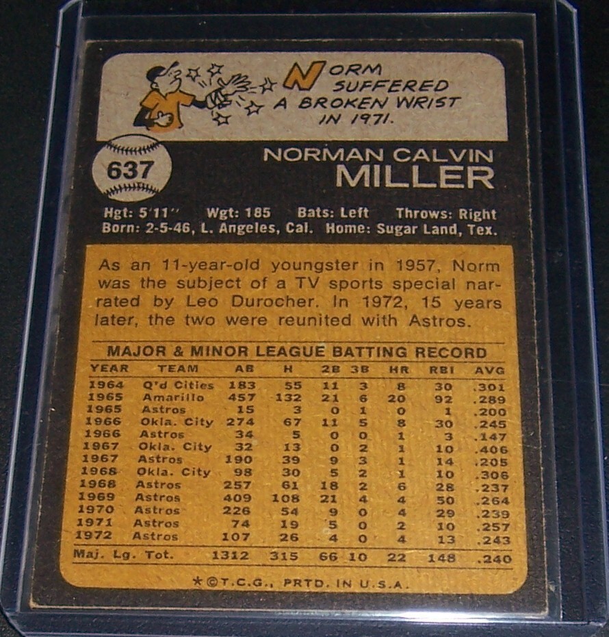 1973 TOPPS NORM MILLER HOUSTON ASTROS #637 EXMT+ HIGH NUMBER | eBay