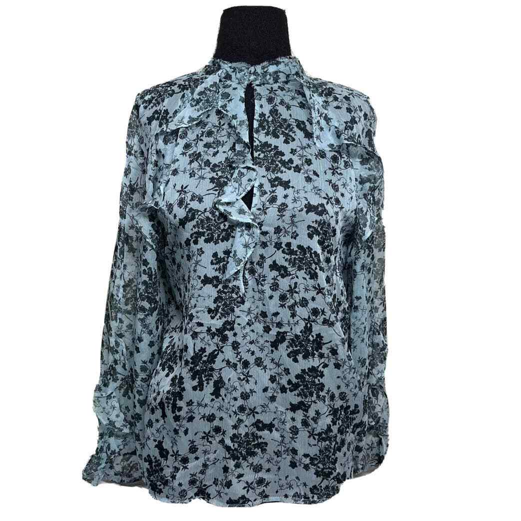 Zara Blouse Sheer Blue Floral Ruffle Button Neck Wome… - Gem