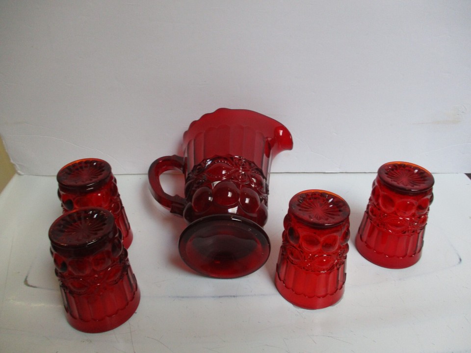 Vintage Mosser Glass Pitcher & 4 Glass Tumblers Eye Winkler Ruby Red | eBay