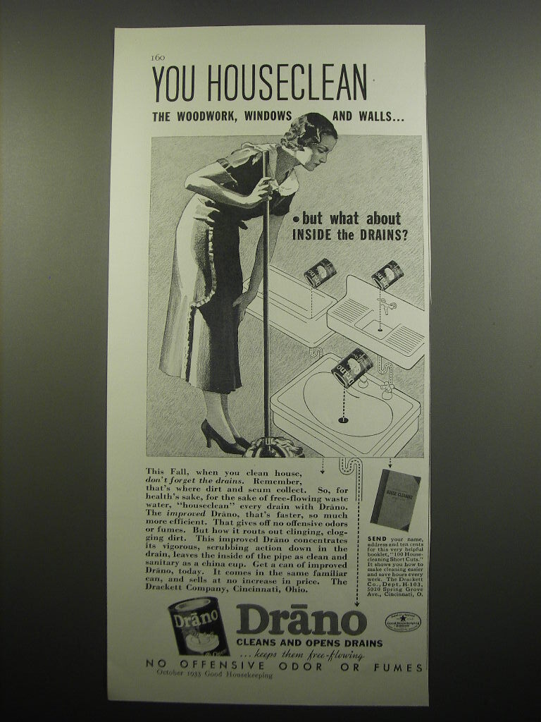 1933 Drano Drain Cleaner Ad - You houseclean the woodwork, windows and ...