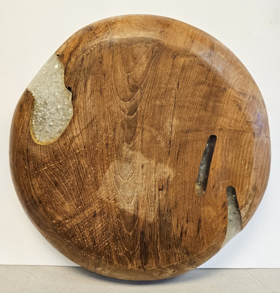 Unique 16" Round Teak Wood Serving Plate Platter with Inset Glass Inlay ...