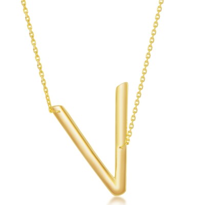 Sterling Silver (35MM) Large Sideways 'V' Initial Necklace - Gold ...