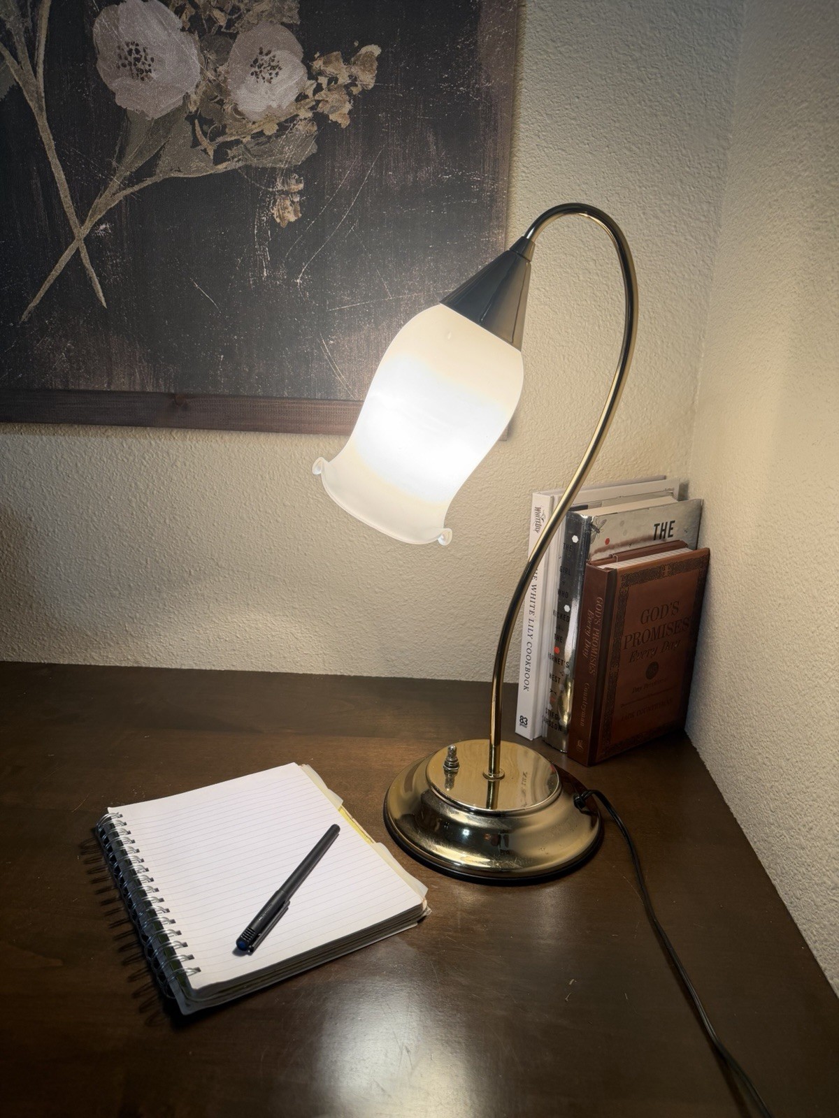 Vintage MCM Brass Gooseneck/Swan Neck Table Lamp, Frosted Tulip Shade ...