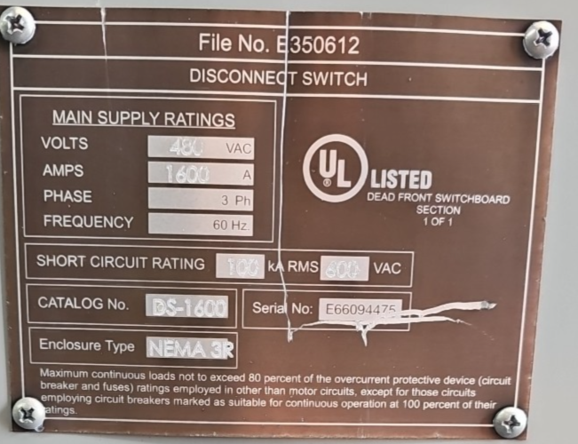 DISCONNECT SWITCH 1600 Amp ABB Breaker 3R DS-1600 SACE PR331/P SACE T8V ...