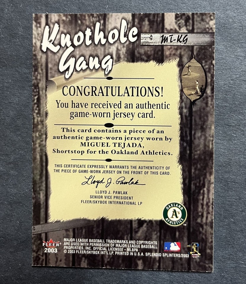 2003 Fleer Splendid Splinters Knothole Gang Jersey Miguel Tejada #MT-KG ...