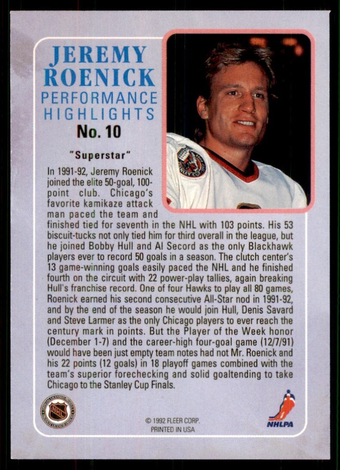 1992-93 Ultra Jeremy Roenick Performance Highlights Jeremy Roenick ...