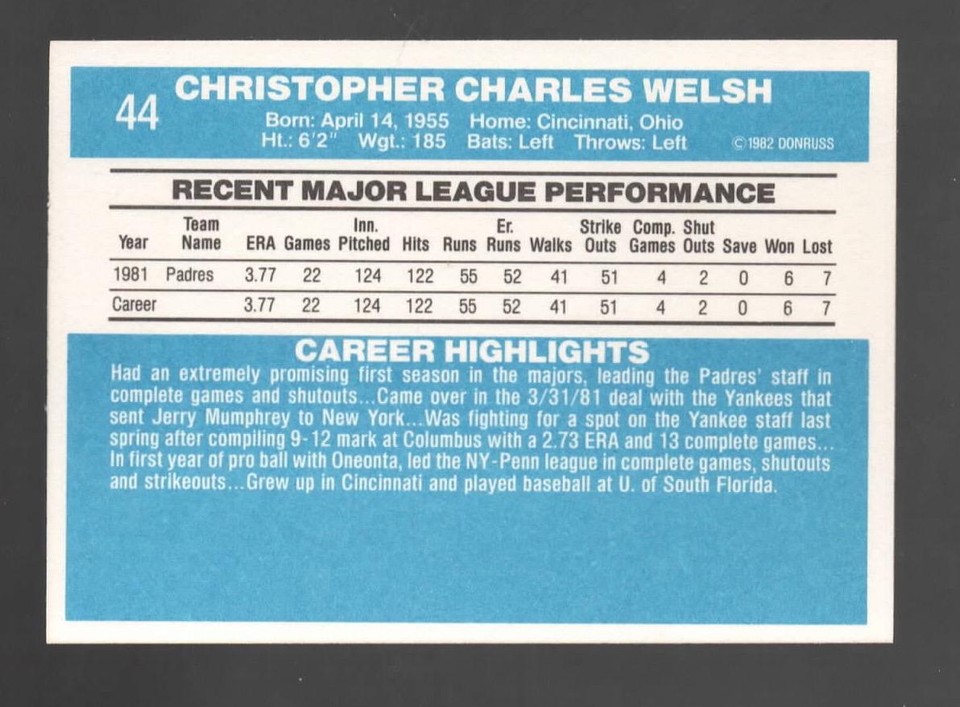 1982 Donruss Chris Welsh San Diego Padres #44 Near Mint or Better | eBay