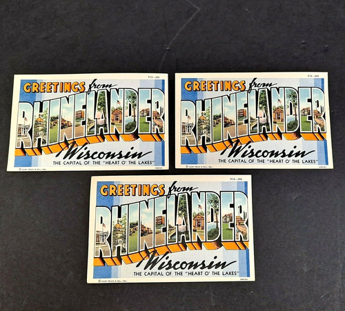 VINTAGE 3-PC LINEN POST CARD LOT OF RHINELANDER WIS TOURISM UNSTAMPED ...