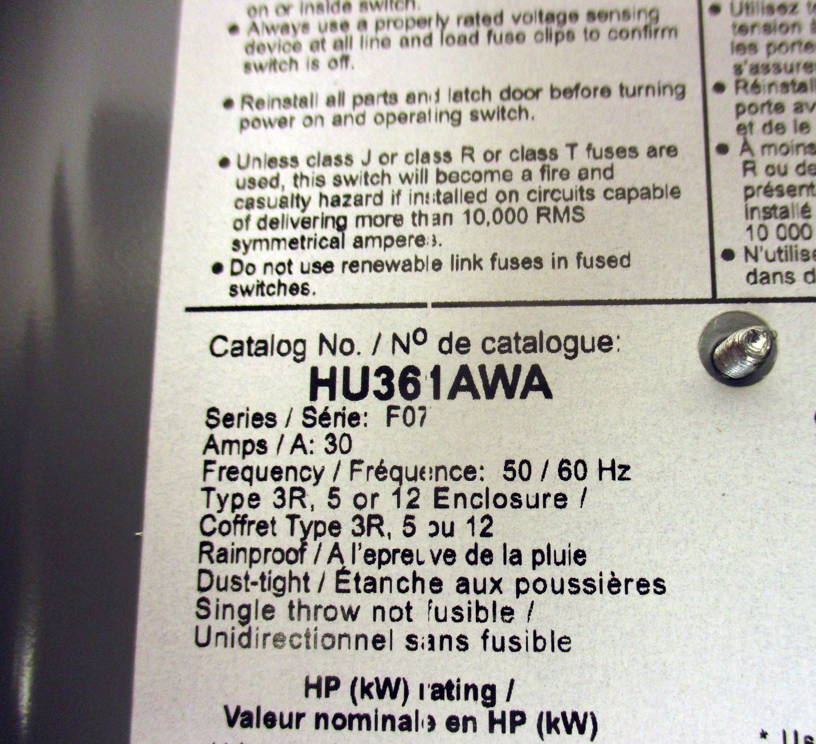 Square D 30A HU361AWA Safety Switch Includes Appleton ACP3034BC Plug ...