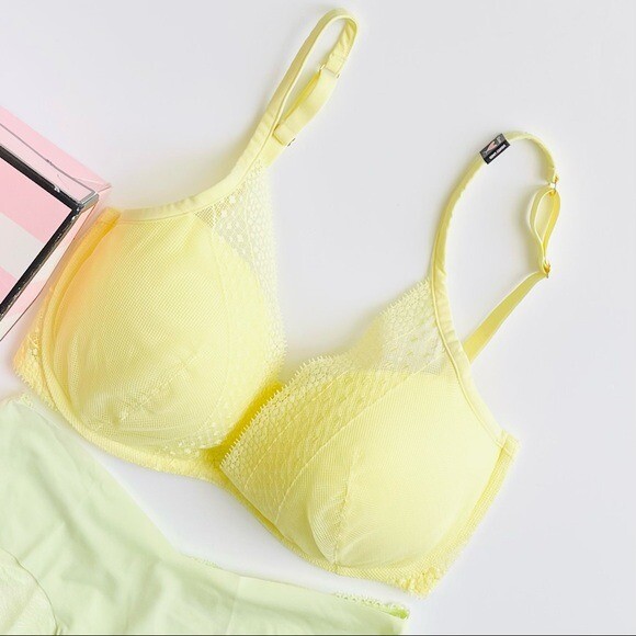 32D SMALL Victorias Secret lace yellow lightly lined plunge bra set ...
