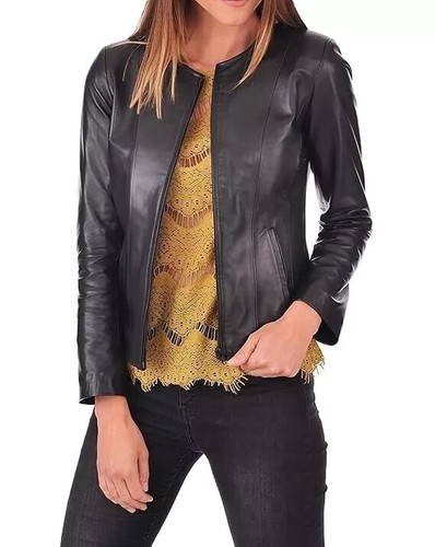 Women New Black Collarless Authentic Sheepskin Real Leather Jacket Soft ...
