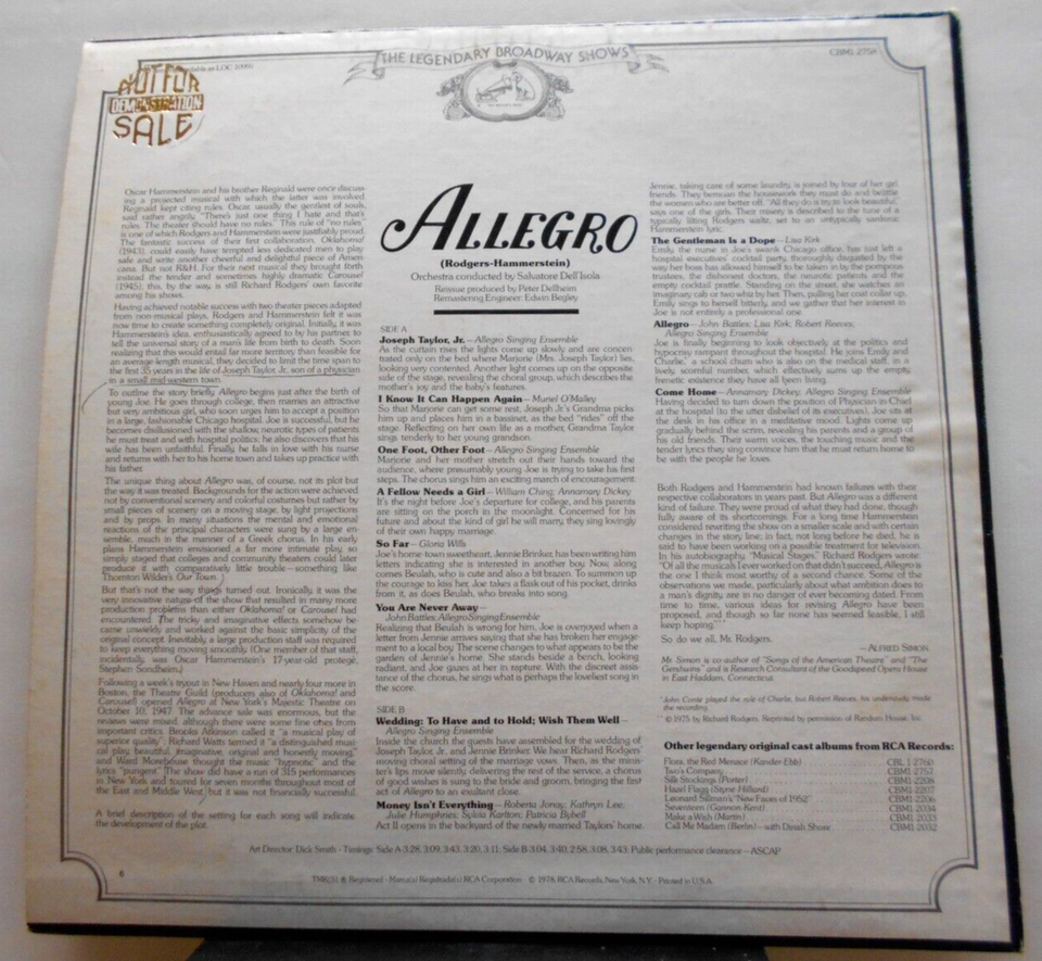 Rodgers & Hammerstein / Allegro Original Cast (Vinyl, RCA, CBM1-2758 ...