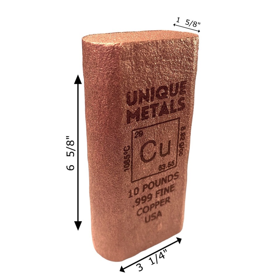 10 Pound lb (160 oz) Cast Copper Bar .999 Fine Bullion Ingot Unique ...