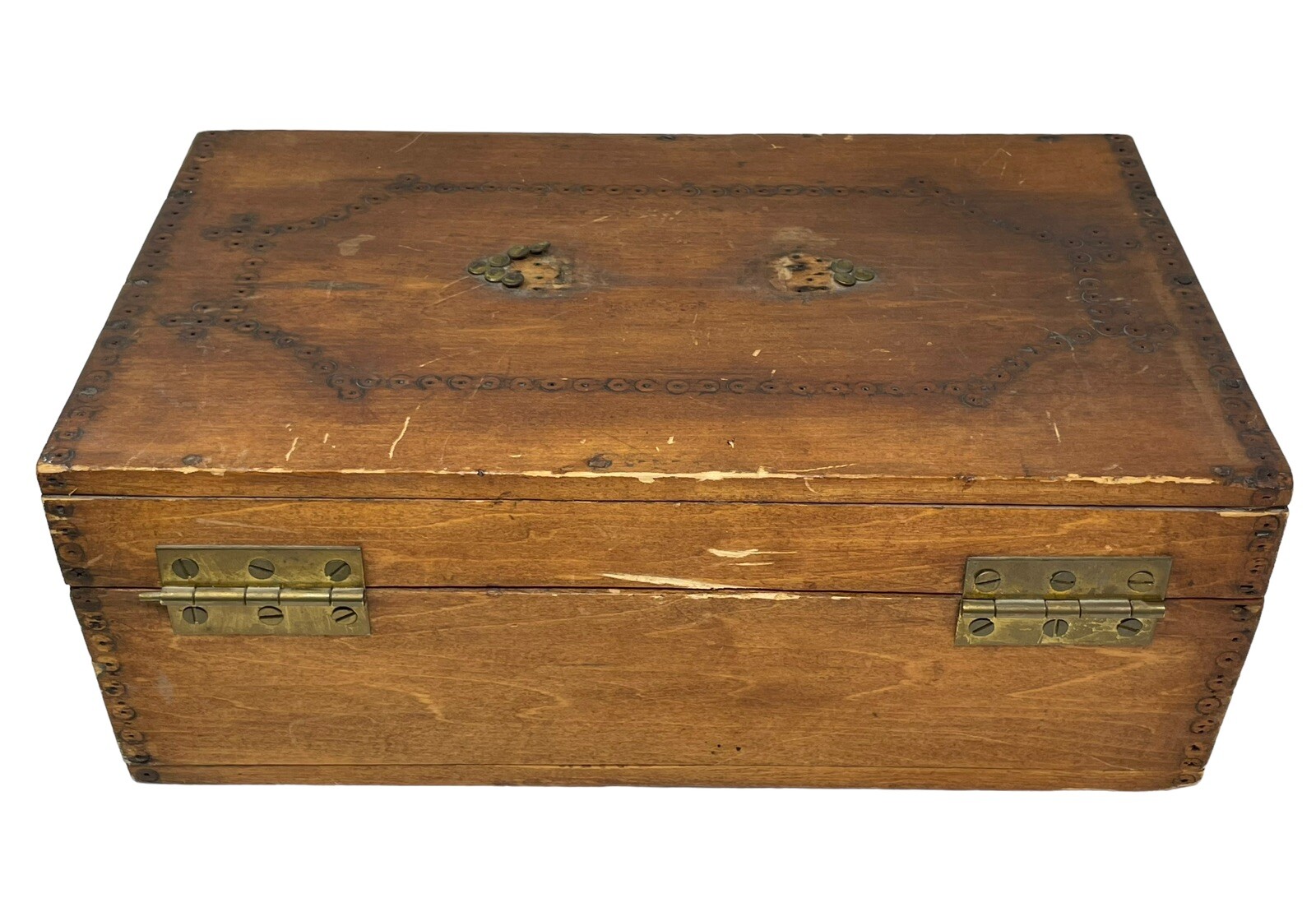 Antique Wood Document Box w/Brass Tack Decoration & Early Lock | eBay