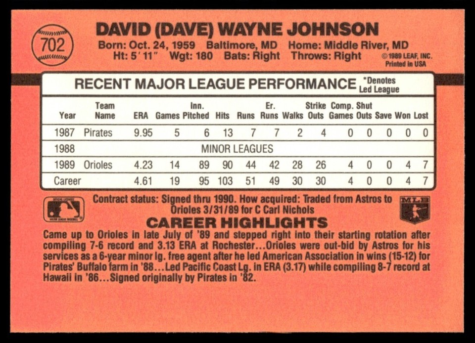 1990 Donruss #702 Dave Johnson Rookie Baltimore Orioles | eBay