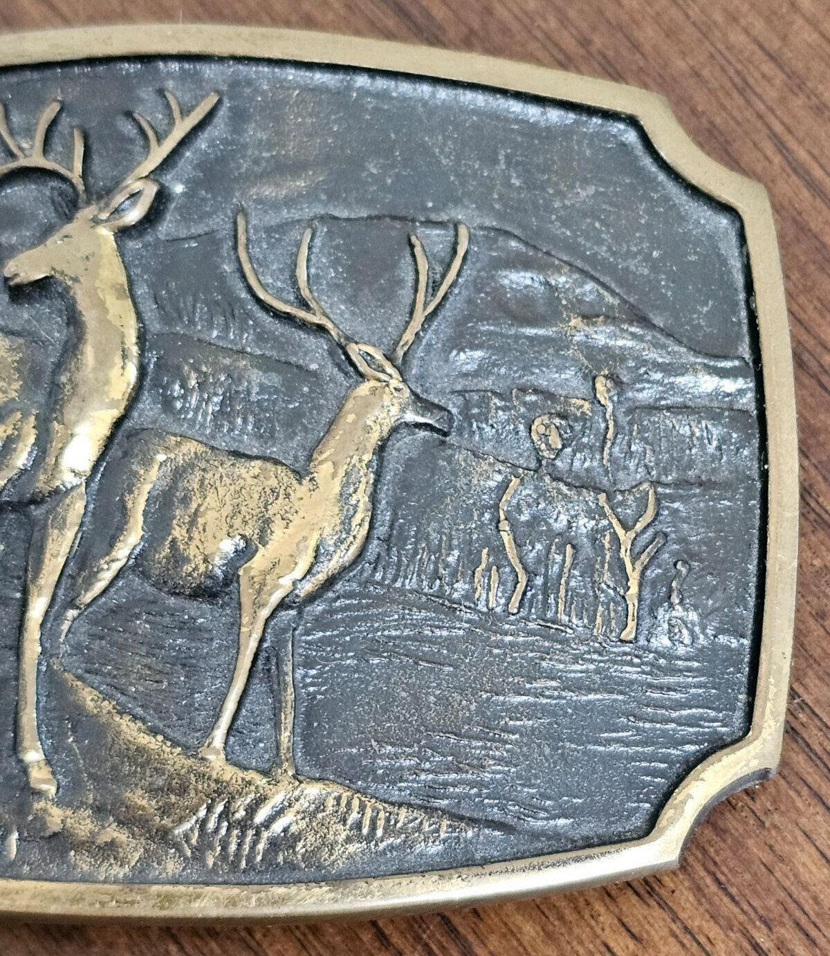 Vintage BTS 1978 Buck and Deer Solid Brass Belt Buckle - Gem