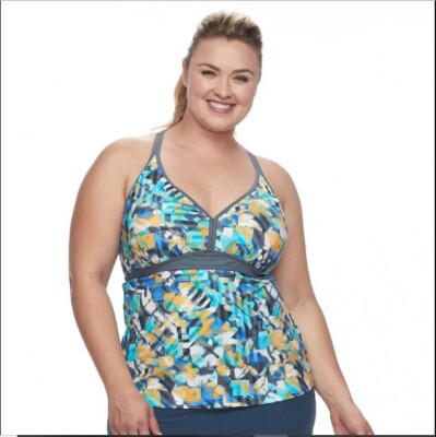 FREE COUNTRY - Aqua & Gray Print Racer Back Tankini Swim Top size 1X ...