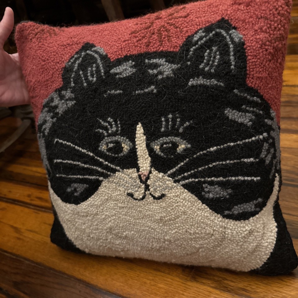 WARREN KIMBLE Fat Cat Hooked Rug WOOL Throw Pillow Pillow Insert~ 16x16 ...