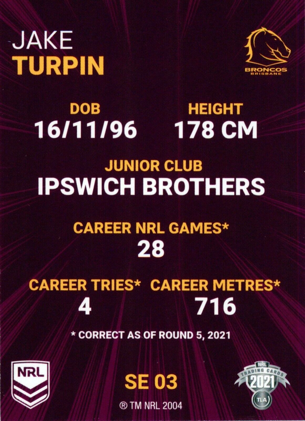 Carte signée 2021 BRISBANE BRONCOS NRL JAKE TURPIN édition spéciale | eBay
