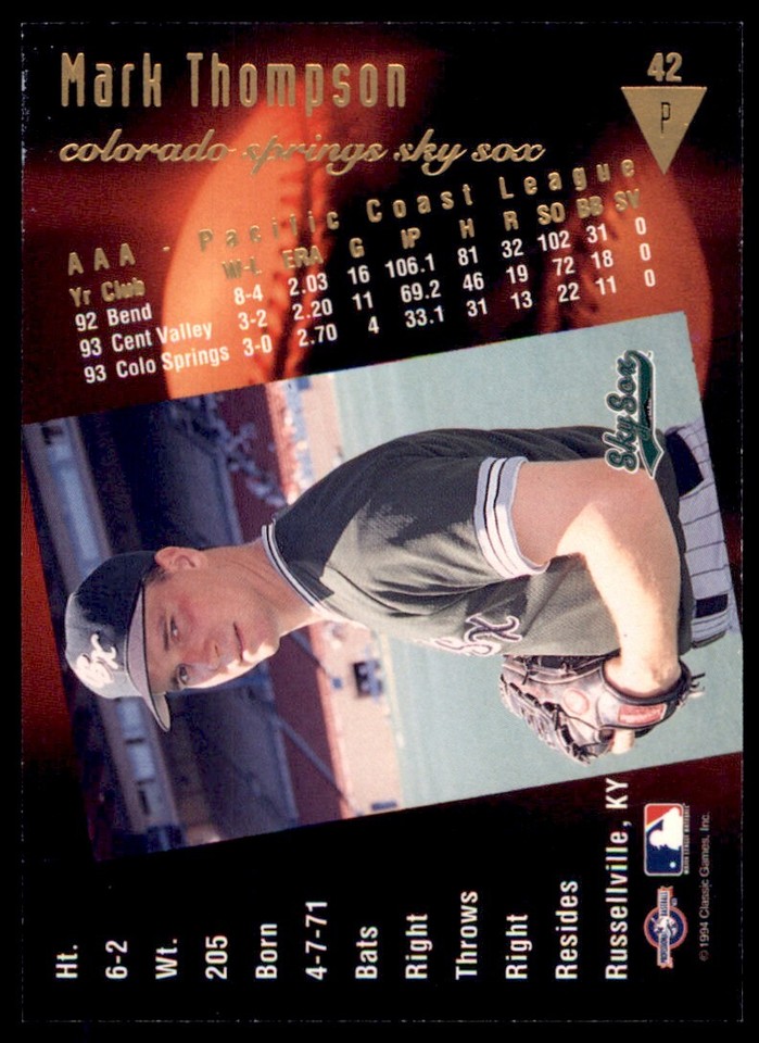 1994 Classic Best Gold Mark Thompson Colorado Springs Sky Sox #42 1101 ...