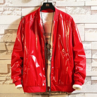 Men Casual Leather Jacket Shiny Baseball Coat Outwear Loose Fit ...