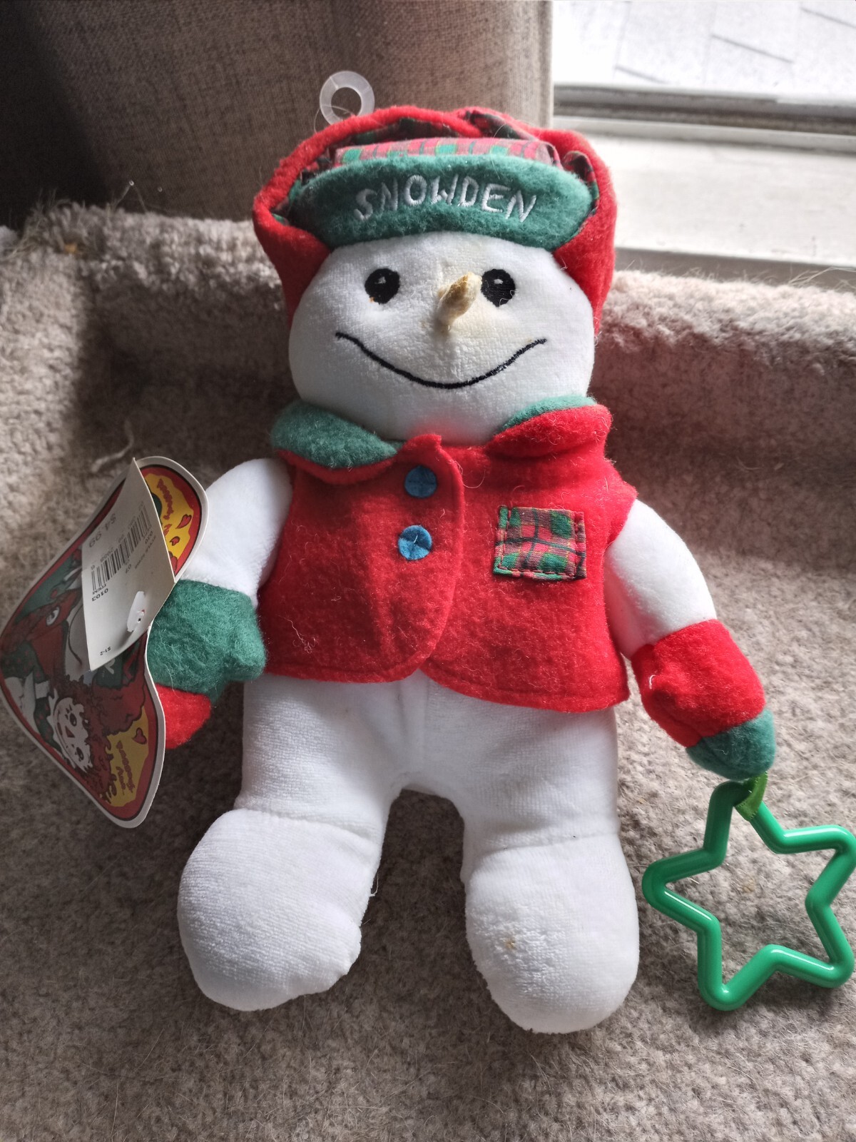 SNOWDEN & Friends Snowman Red Coat Star Plush Christmas Rattle Baby Toy ...