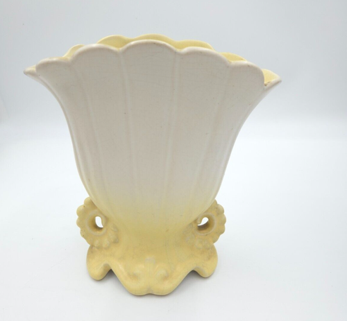 WELLER ART POTTERY Vase Ruffled Rim Yellow & White Double Handles | eBay