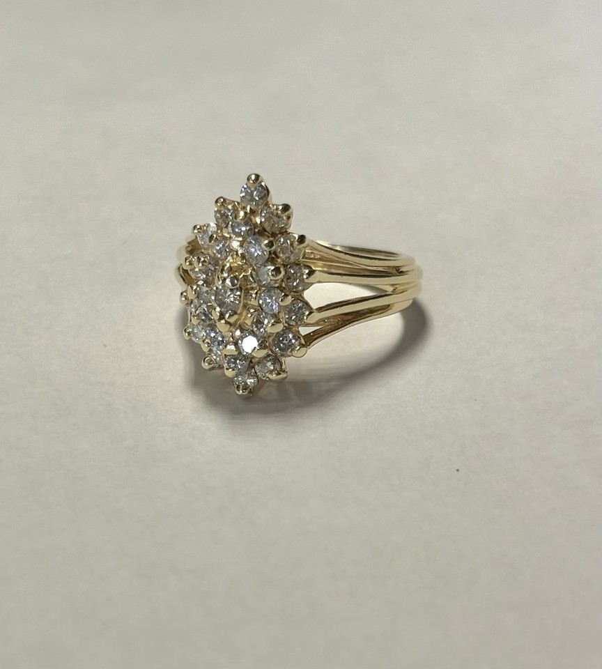 Vintage 14K Gold Split Shank Natural Diamond Cluster Cocktail Ring-Size ...