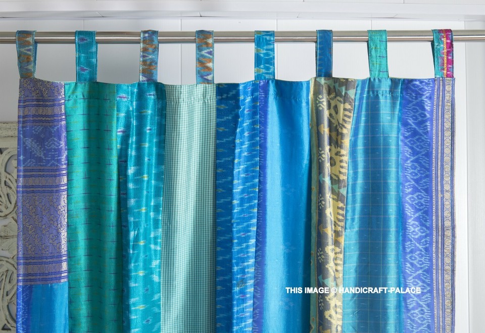 2 Pcs Indian Vintage Sari Patchwork Curtain Drape Window Decor Silk ...