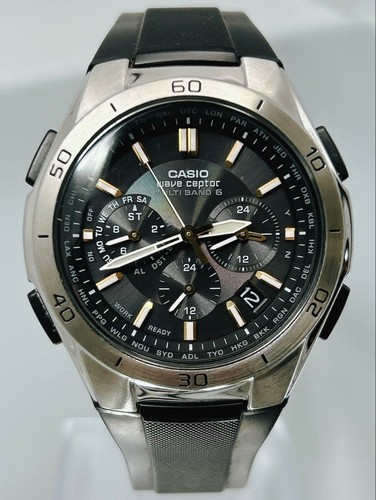 Casio Wave Ceptor Black Analog Chronograph Multi Band 6 Solar Used From ...