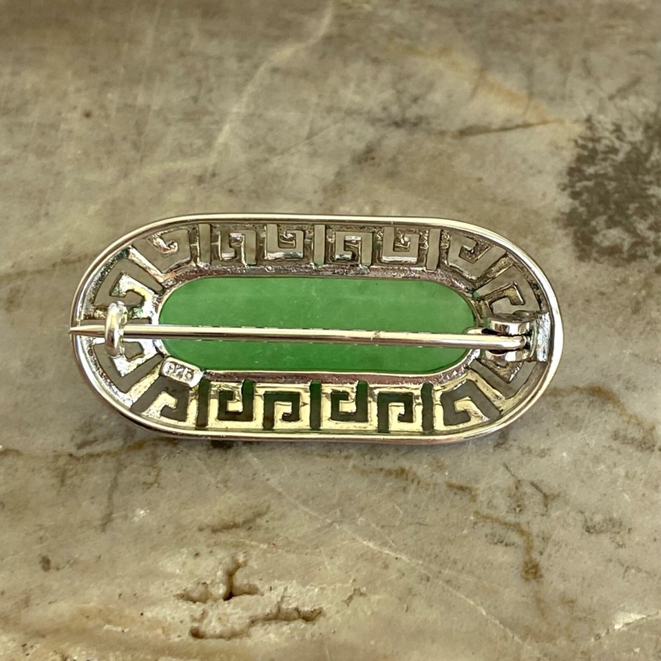 Sterling Silver 925 Oval Green Jadeite Greek Key Cut Out Brooch Pin | eBay