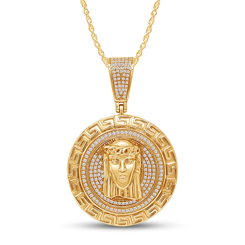 1/2ct Natural Diamond 14k Yellow Gold Greek Key Mens Jesus Medallion ...