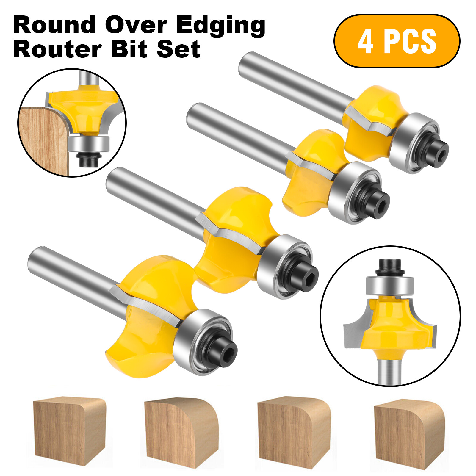 4PCS Round Over Edge Forming Router Bit 1/4" Shank 1/4" 1/8" 3/16" 5/16 ...