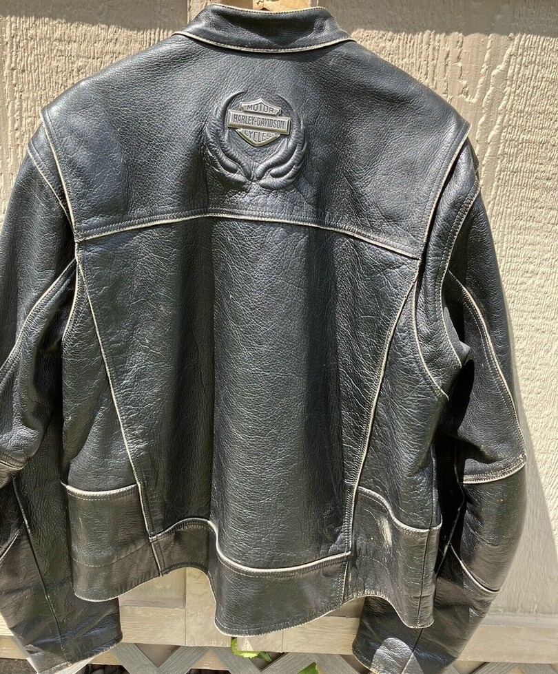 Harley Davidson LARGE Leather Jacket VTG EXTREME TRIV… - Gem