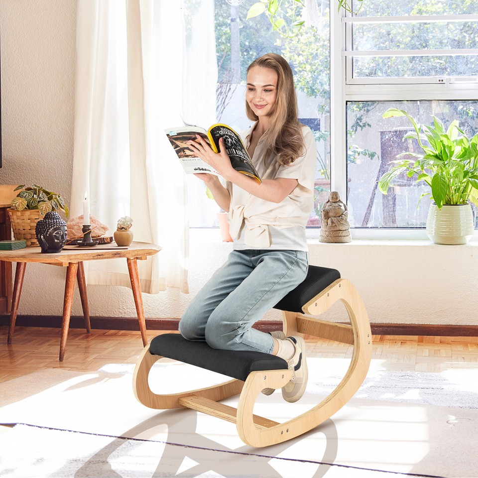 Ergonomic Kneeling Chair Wood Rocking Posture Stool w/ Cushion Back ...