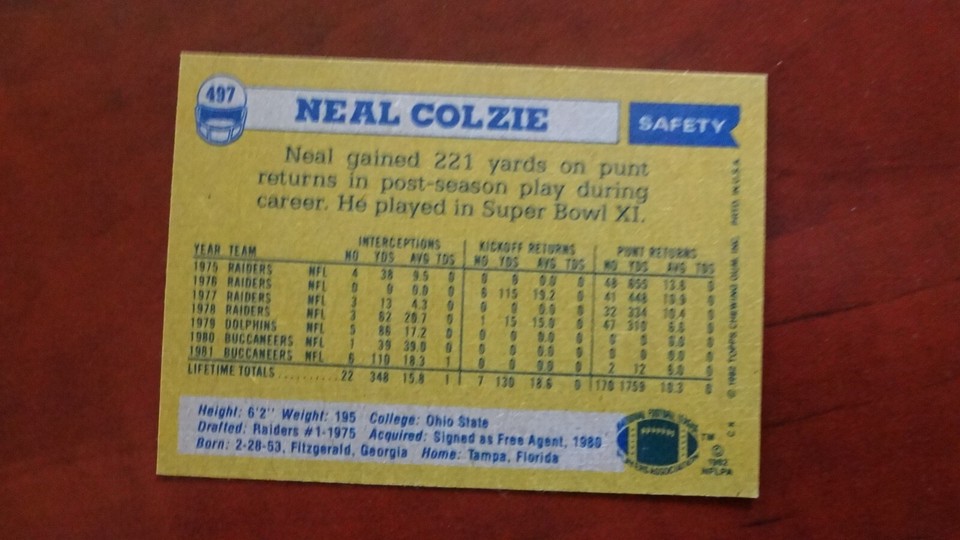 1982 TOPPS # 497 NEAL COLZIE FOOTBALL CARD | eBay