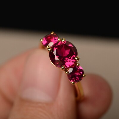Lab created Ruby Rings Round Cut Rings Plated Yellow Gold Rings Three ...