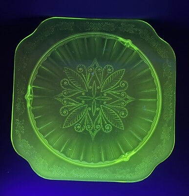 Vintage Uranium ADAM Green Depression Glass Footed Cake Plate | eBay