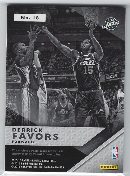 2015-16 LIMITED DERRICK FAVORS GLASS CLEANERS GAME WORN MATERIAL #18 ...