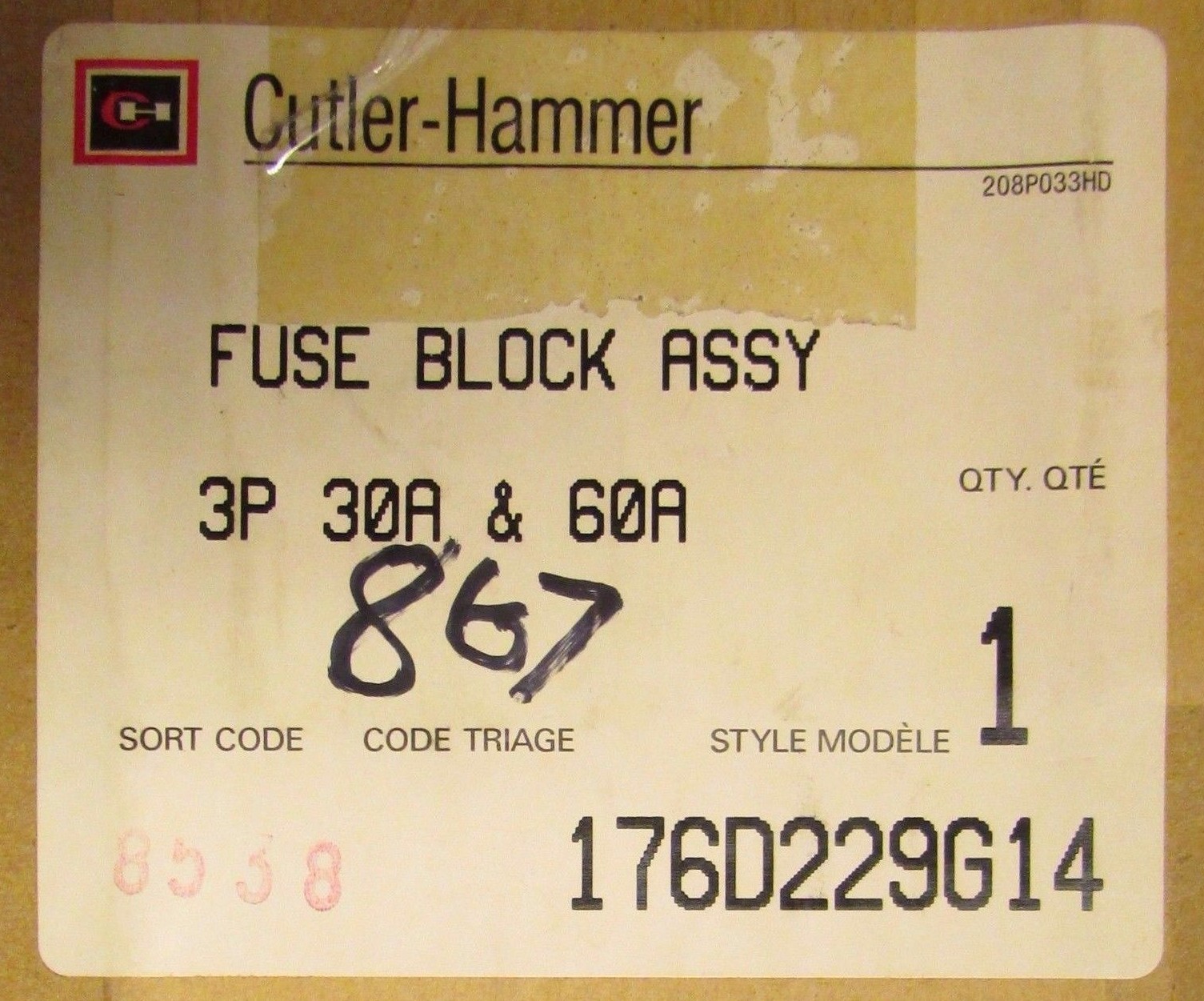 CUTLER HAMMER 3 Pole 30-60 Amp Fuse Block Assembly 176D229G14 | eBay