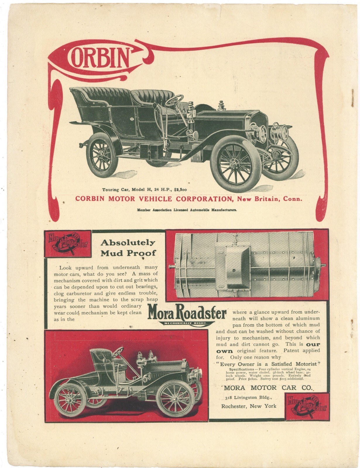 1907 Corbin Motor Vehicle of New Britain, CT AND Mora Roadster Ads on ...