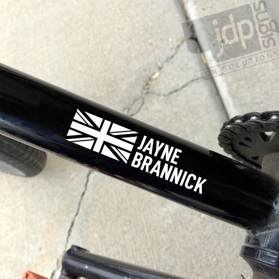x2 PERSONALISED ENGLAND FLAG BIKE FRAME NAME STICKERS VINYL DECAL CYCLE ...