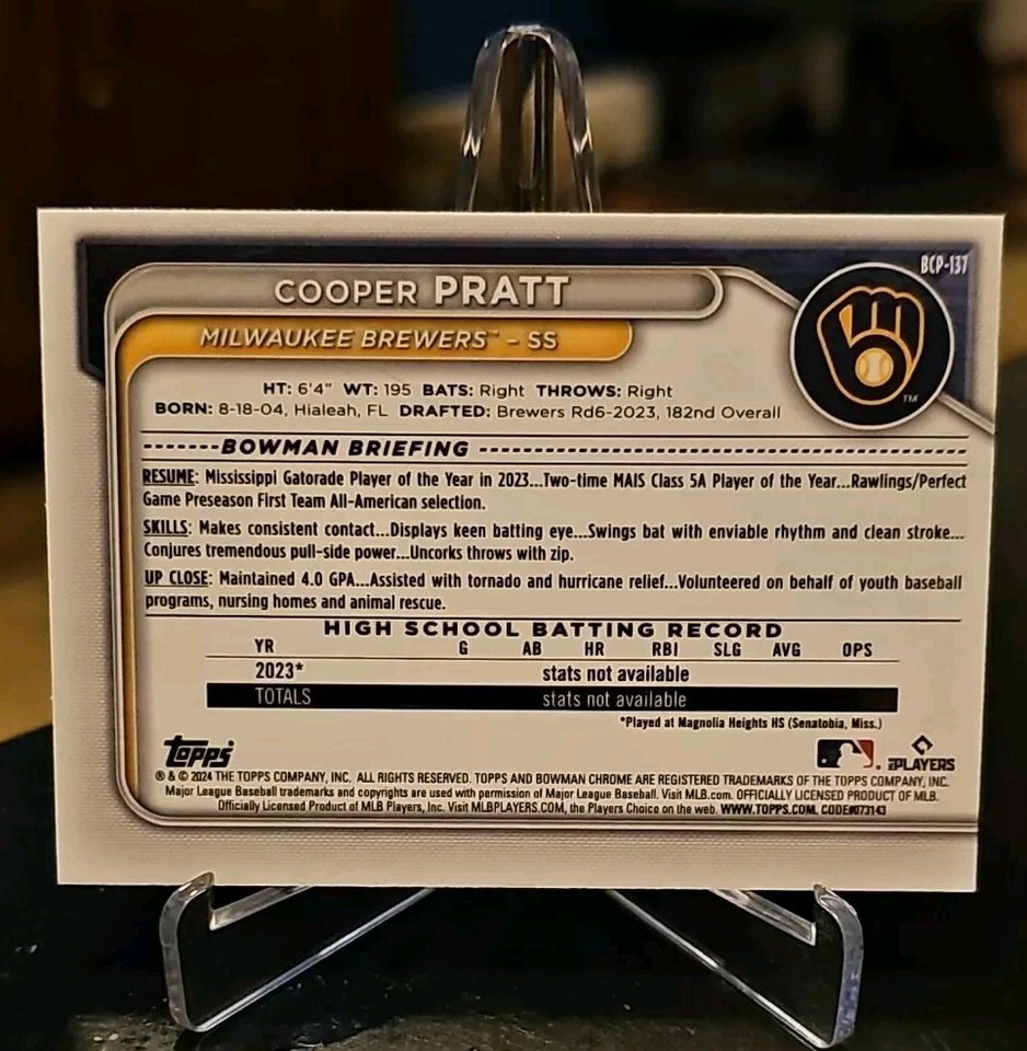 COOPER PRATT 2024 1st Bowman Chrome Green Grass Refractor /99 Brewers ...