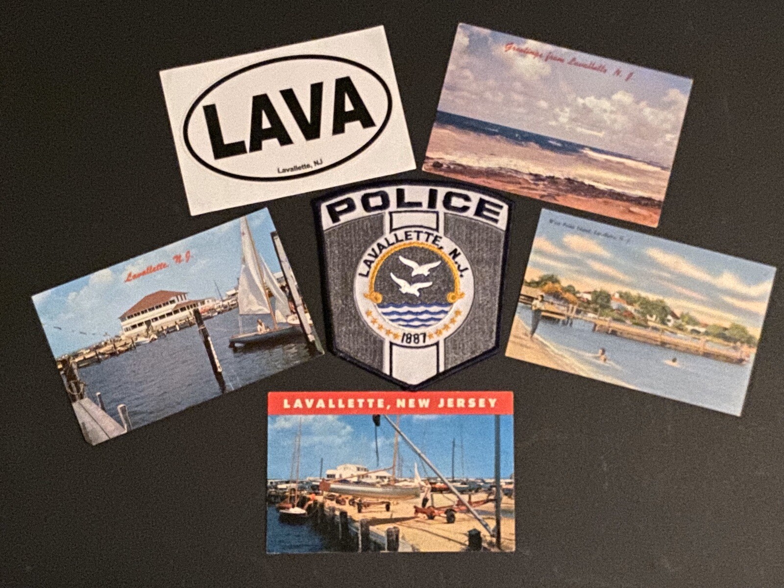 Lavallette NJ Vintage LOT :4 1960s post cards, POLICE patch , LAVA ...
