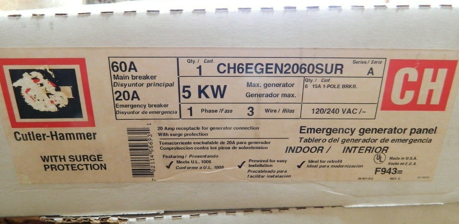 NEW EATON CH6EGEN2060SUR EMERGENCY GENERATOR PANEL 6 CIRCUIT INDOOR ...